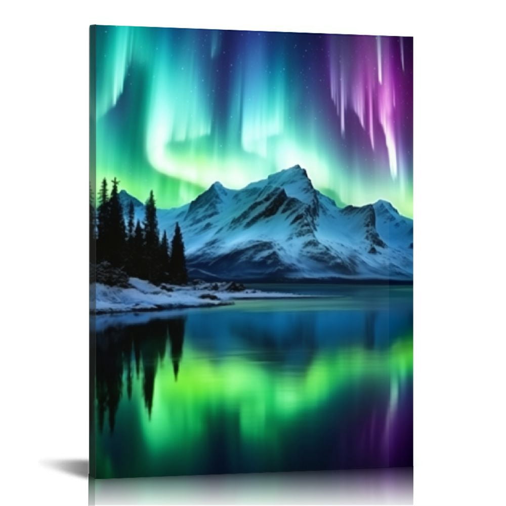 YANMS Northern Lights Canvas Wall Art Aurora Mountains Lake Bonfire ...