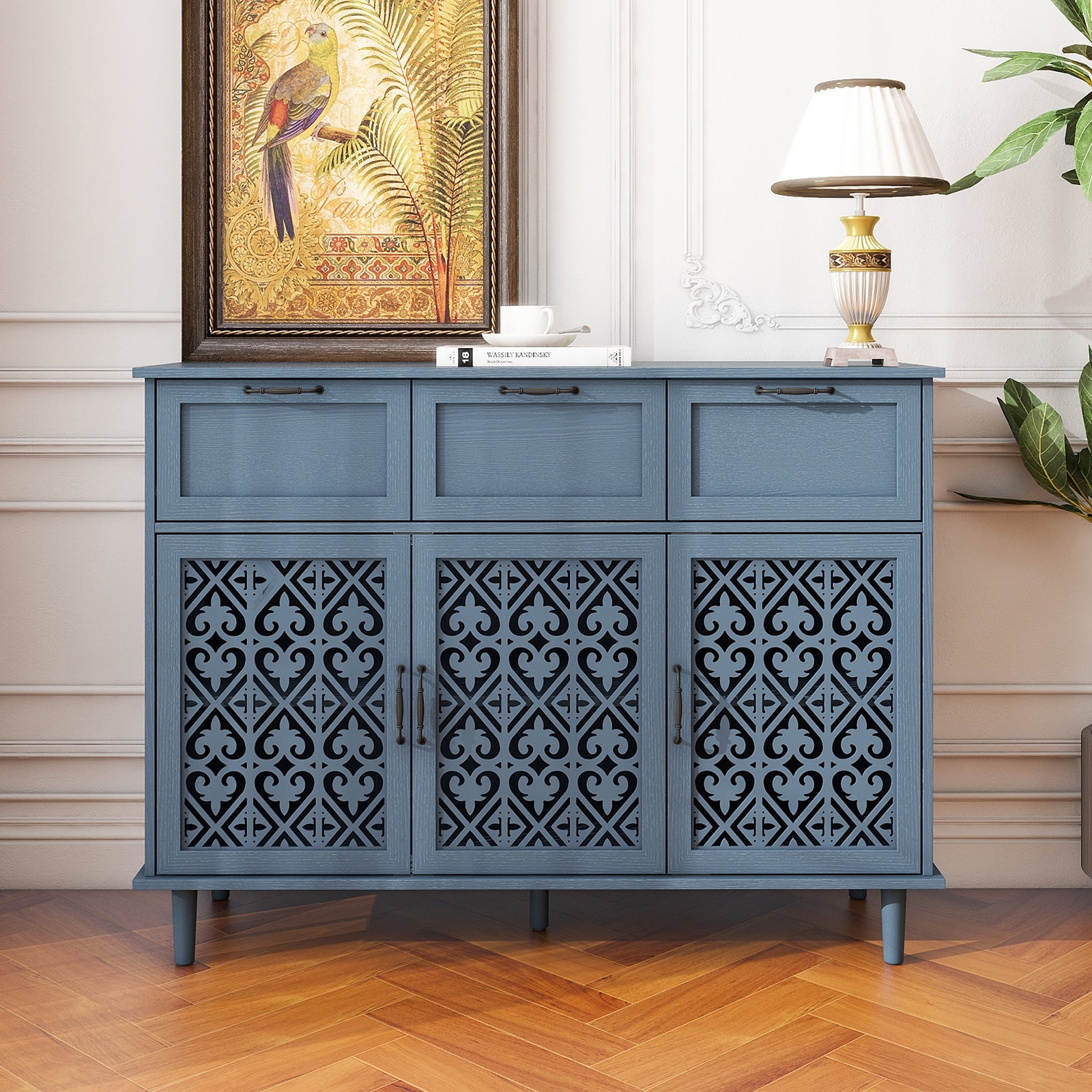 YANSHE Retro Buffet Cabinet With 3 Drawers And Doors 5 Solid Wood Legs ...