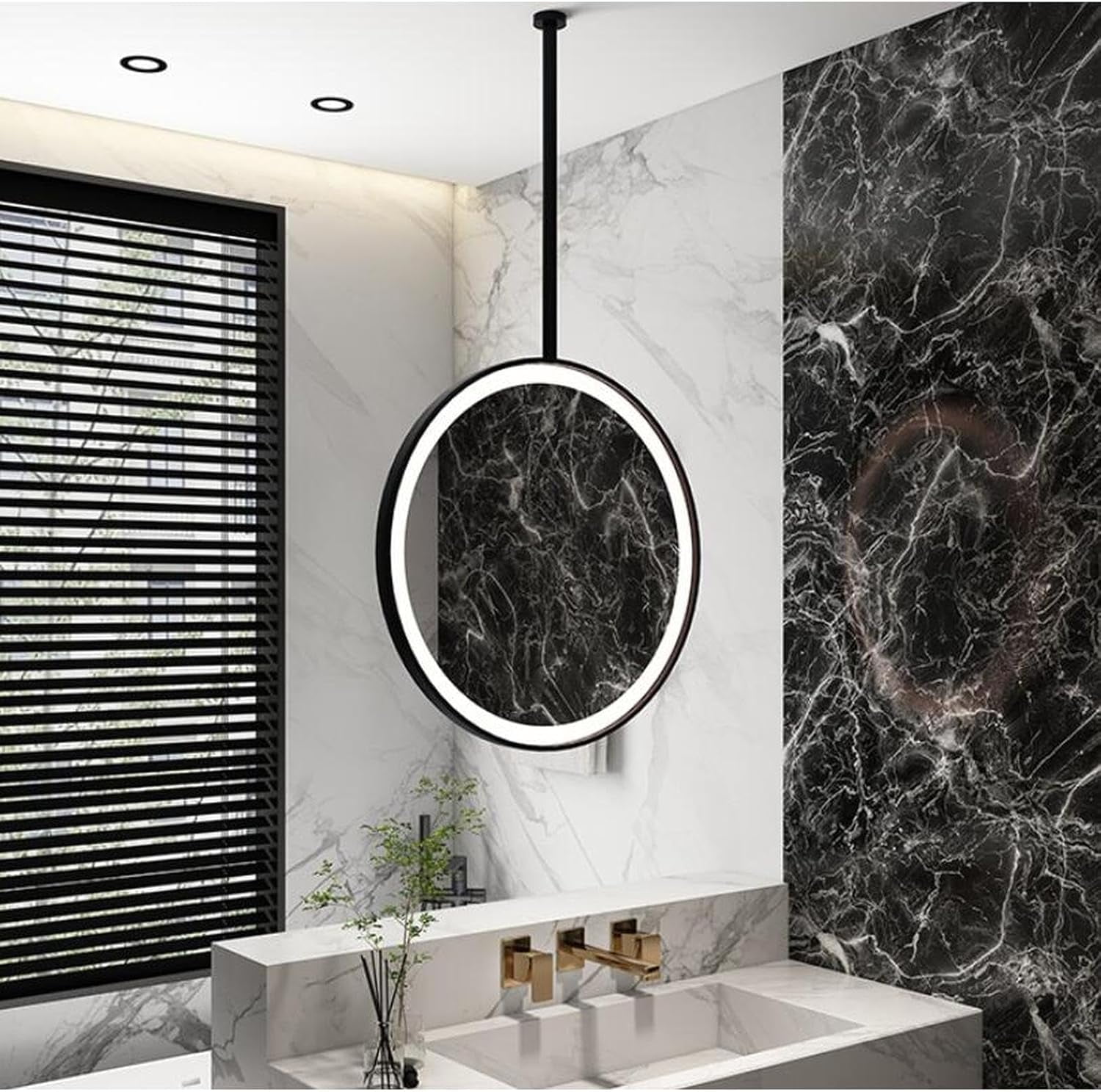 YANSHEN Ceiling Mount LED Round Bathroom Mirror, Wall Mounted Makeup ...