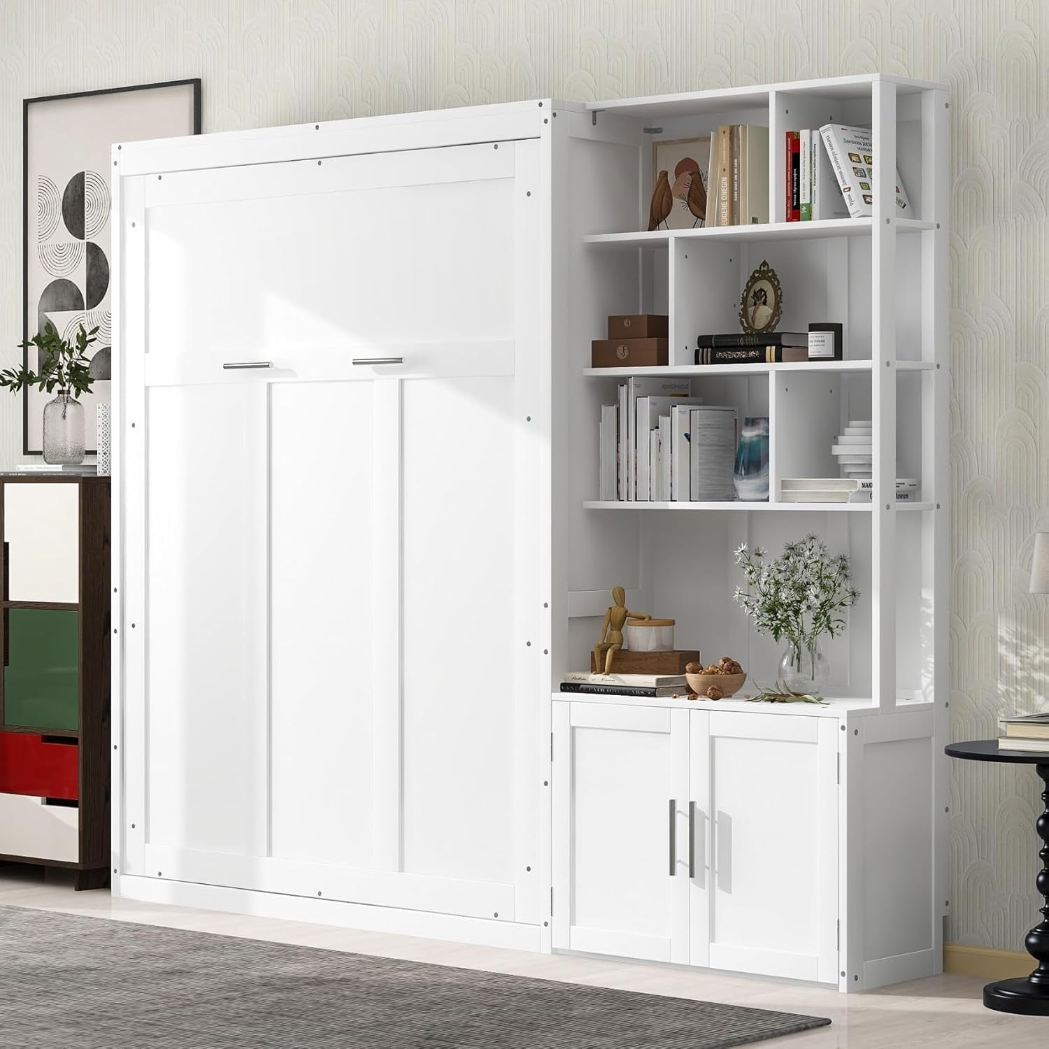 YANSHEN Full Size Murphy Bed with Bookcase Shelves and Storage Cabinet ...