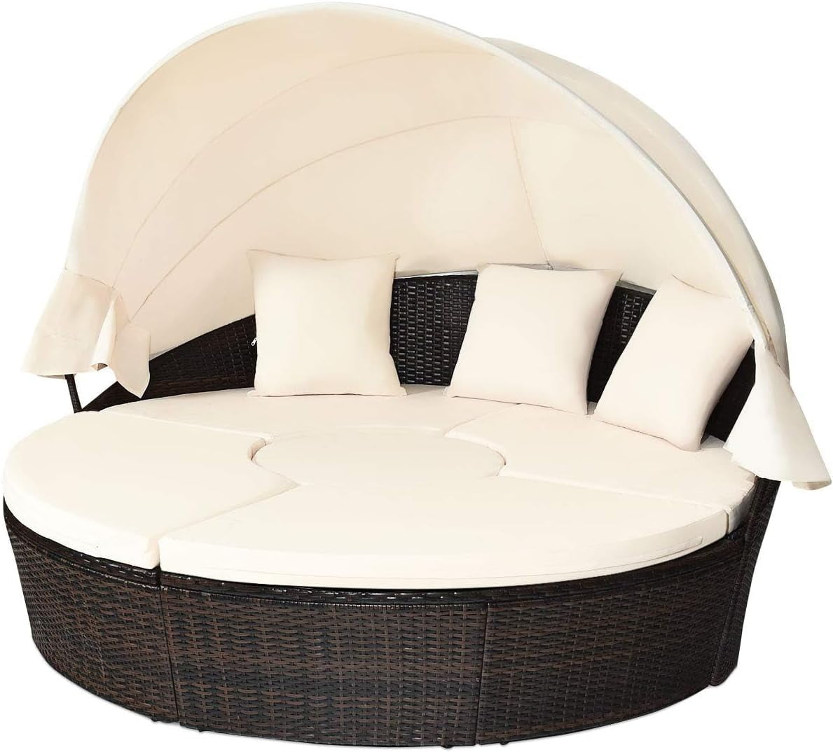 YANSHEN Patio Round Daybed with Retractable Canopy, Outdoor Wicker Rattan Furniture Sets ...