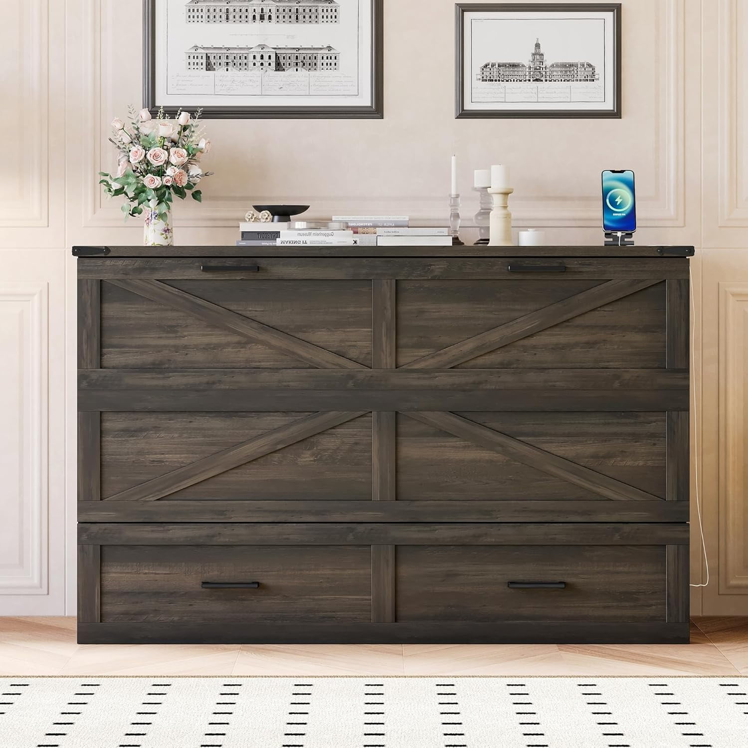 YANSHEN Queen Size Murphy Bed, Farmhouse Murphy Cabinet Bed with USB ...