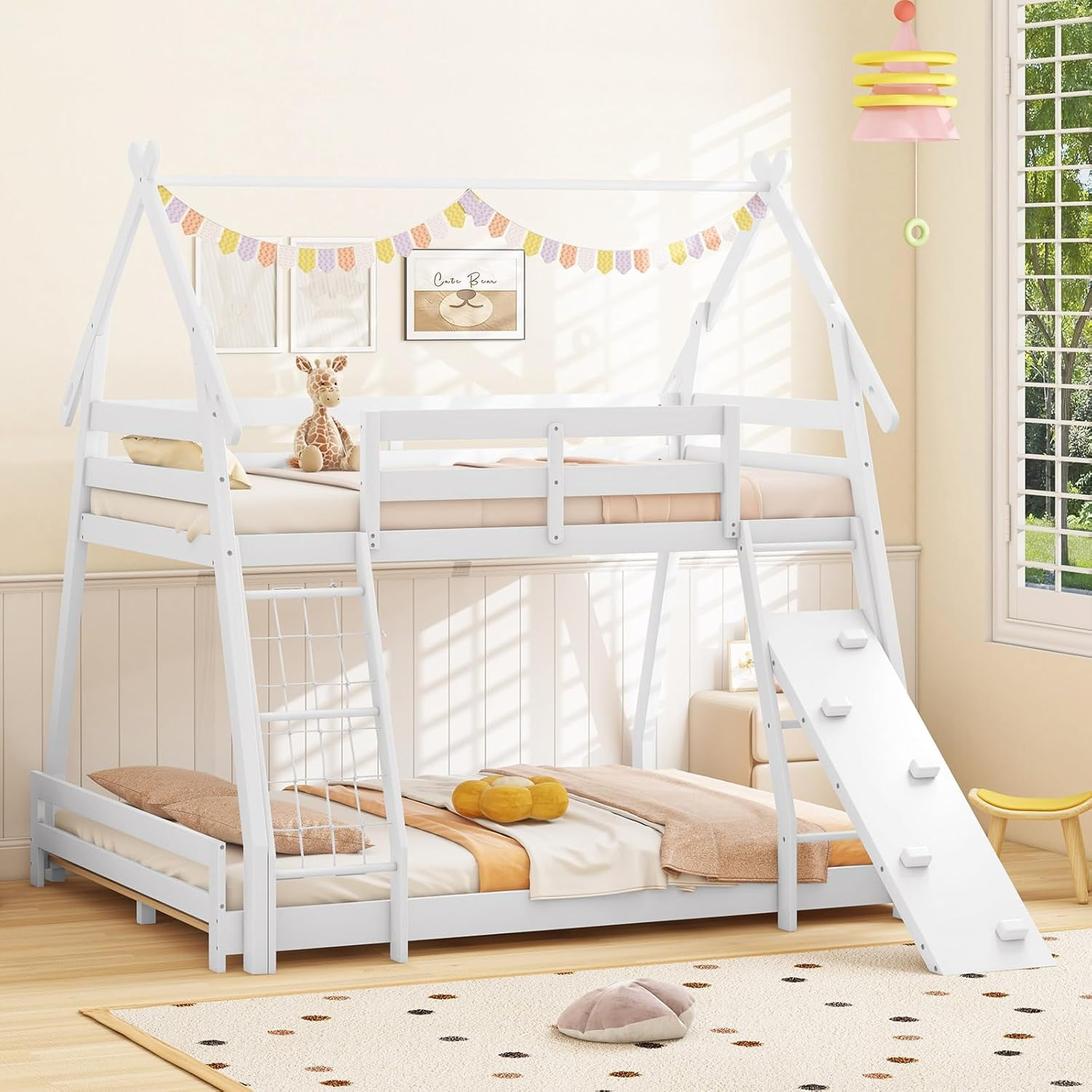 YANSHEN Twin Over Queen Bunk Bed, Wood House Bunk Bed for Kids with ...