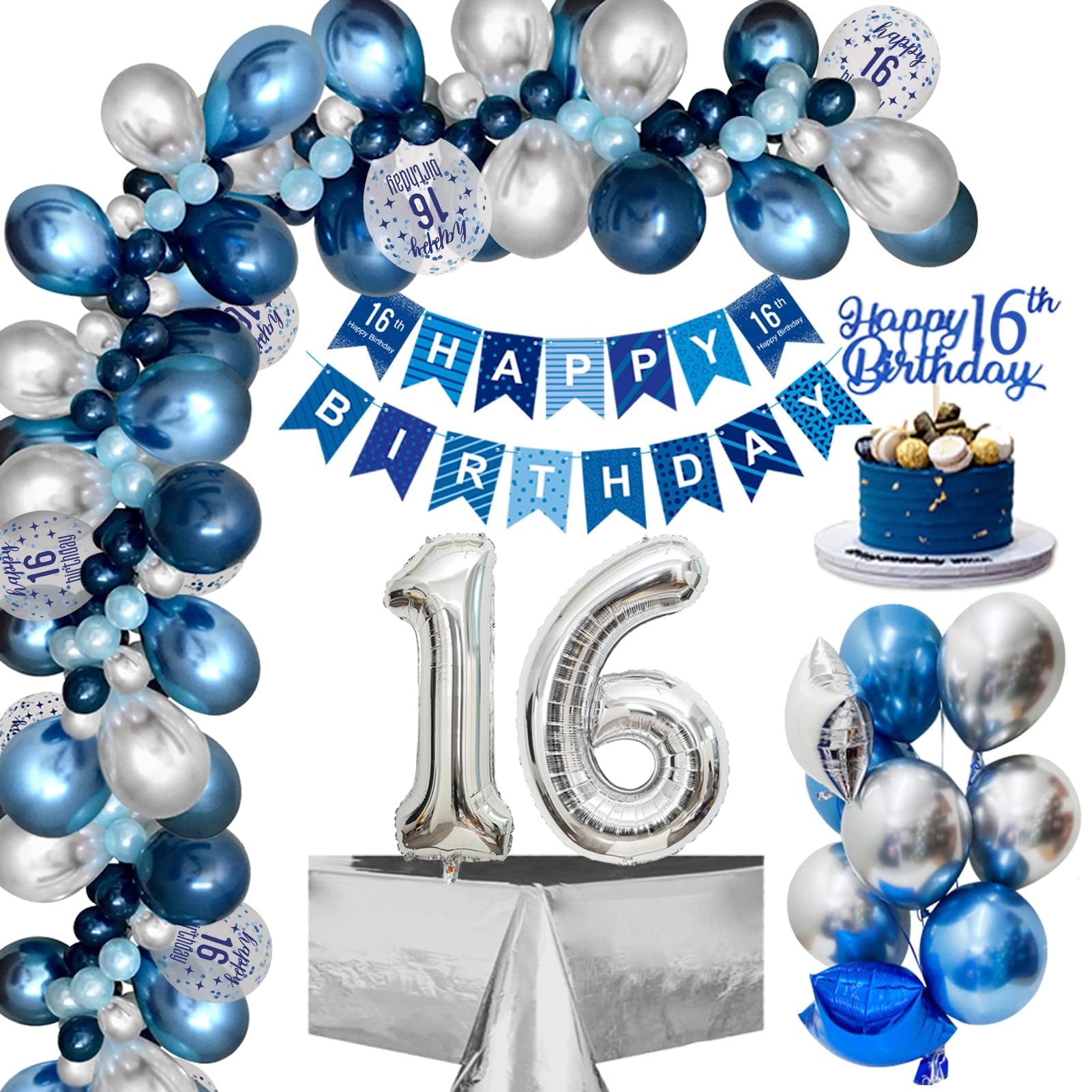 YANSION 16th Birthday Decorations, Navy Blue Silver 16th Birthday ...