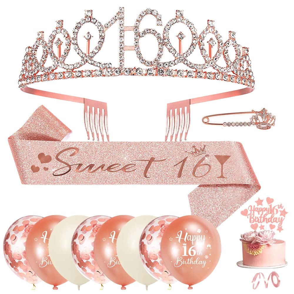 YANSION 16th Rose Gold Birthday Decorations Girls, 16th Birthday Crown ...