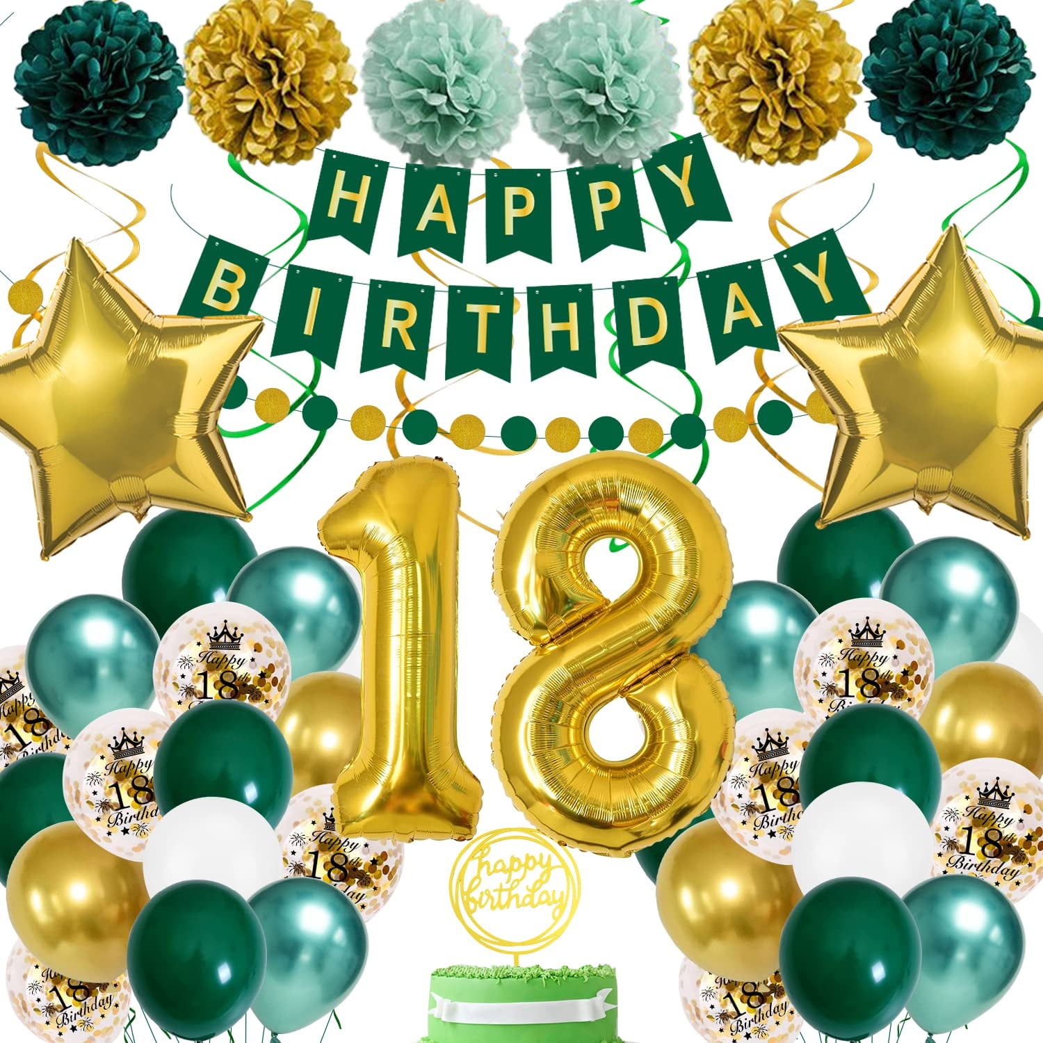 YANSION 18th Birthday Decorations for Boys Girls, Green Gold 18th ...