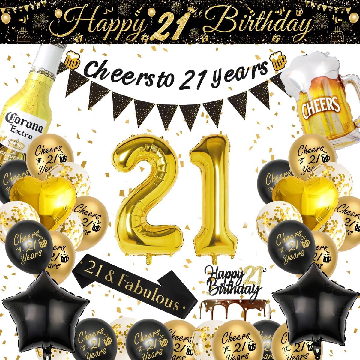 YANSION 21st Birthday Decoration for Men, 21st Black Gold Balloons with Cheers to 21 Years ...