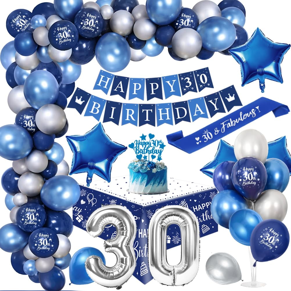 YANSION 30th Birthday Decorations Men, Navy Blue Silver 30th Birthday ...