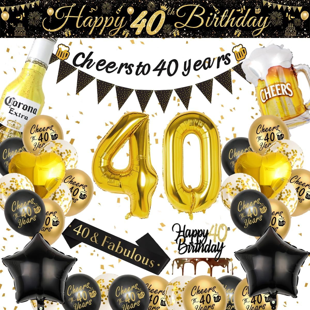YANSION 40th Birthday Decoration for Men, 40th Black Gold Balloons with ...