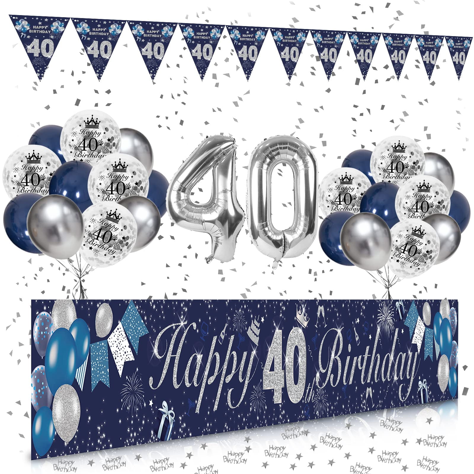 YANSION 40th Birthday Decorations for Men, Navy Blue Silver Theme Party ...