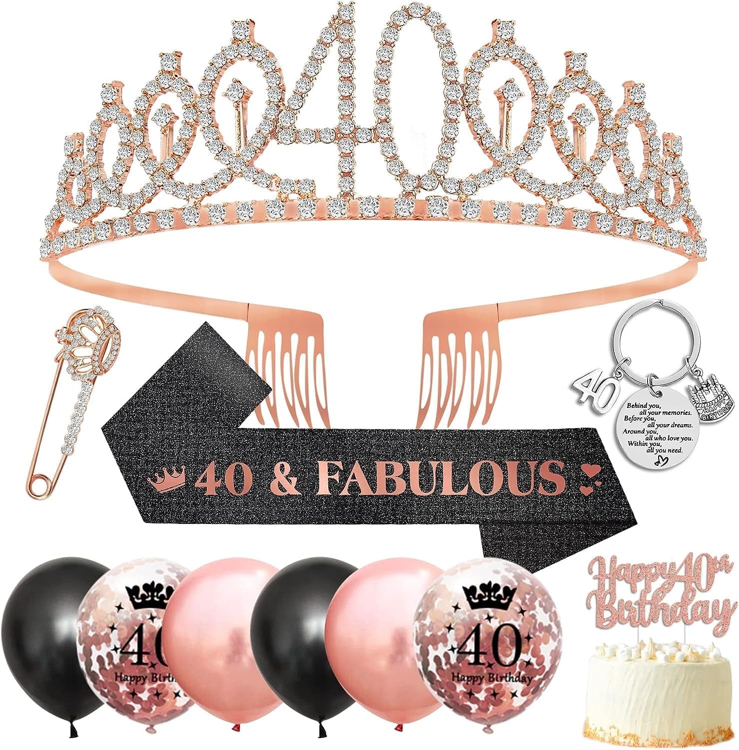 YANSION 40th Birthday Decorations for Women, Including Birthday Sash, Rose Gold Rhinestone Crown ...