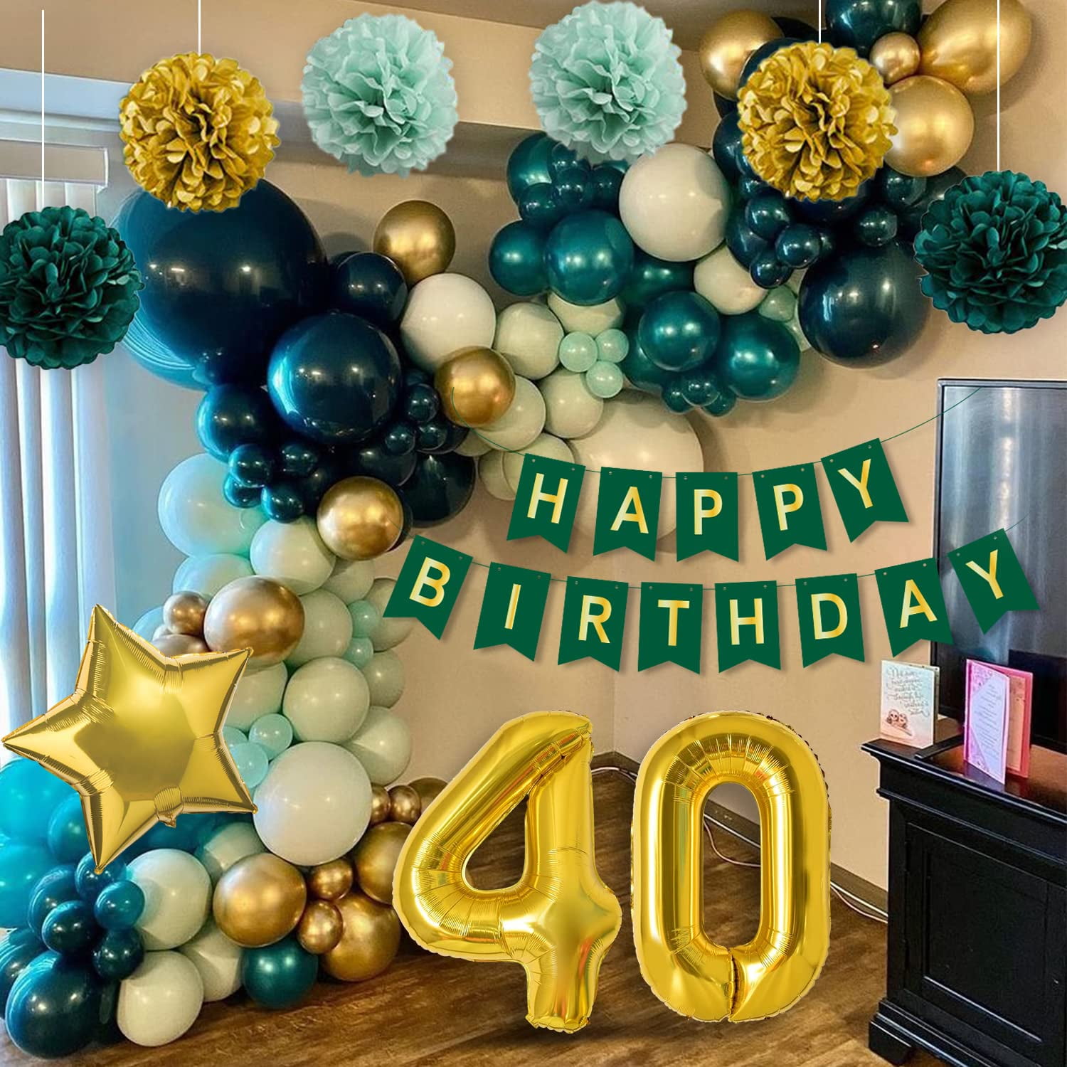 YANSION 40th Green and Gold Birthday Party Decorations, Green Birthday Balloons with Happy ...