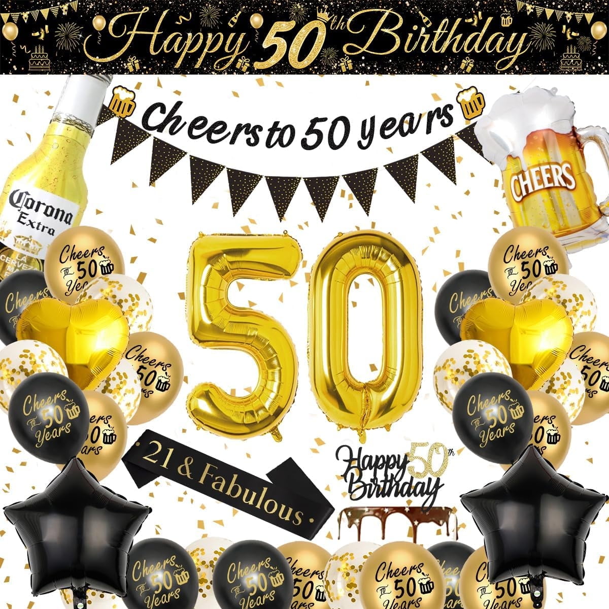 YANSION 50th Birthday Decoration for Men, 50th Black Gold Balloons with ...