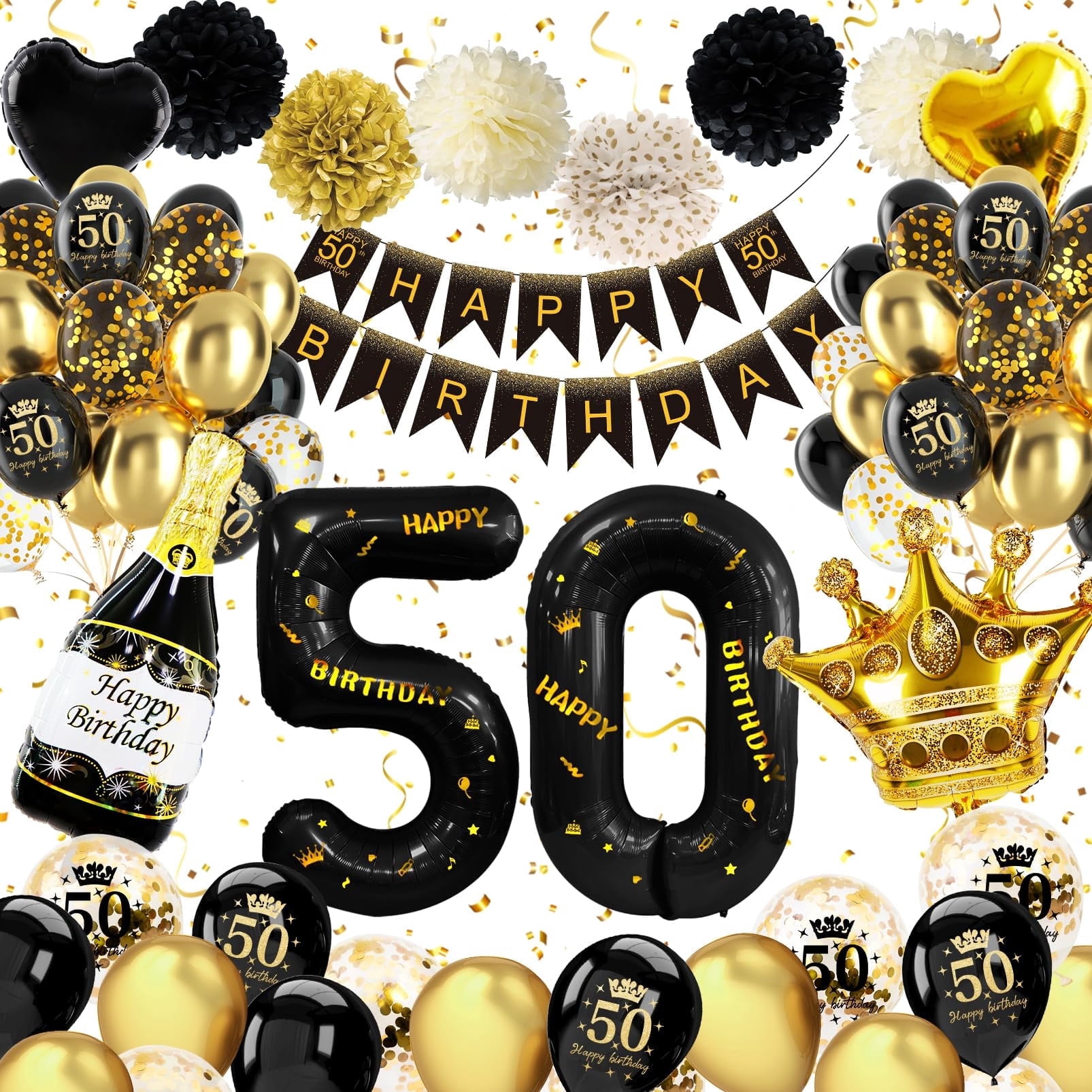 YANSION 50th Birthday Decorations, Black Gold 50th Birthday Balloons ...