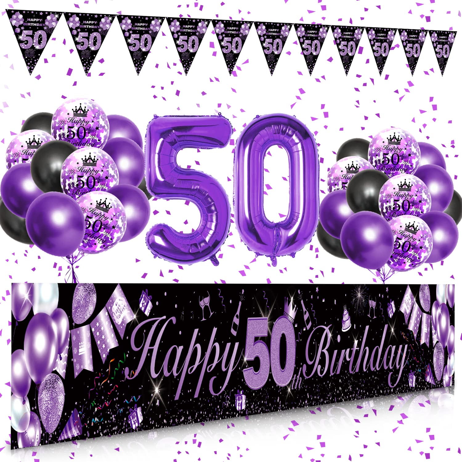 YANSION 50th Birthday Decorations, Black Purple 50th Happy Birthday ...