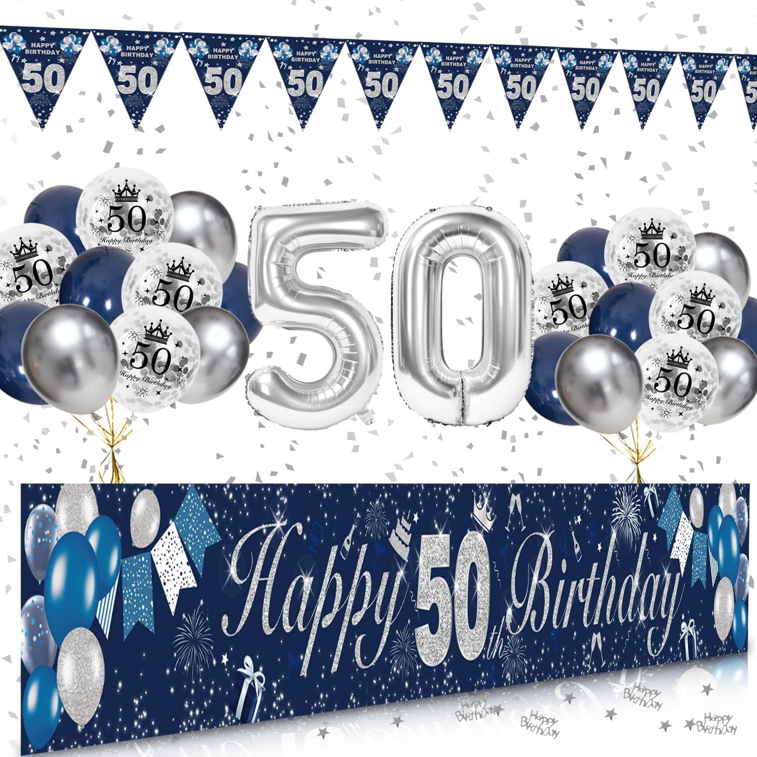 YANSION 50th Birthday Decorations, Navy Blue Silver 50th Happy Birthday ...