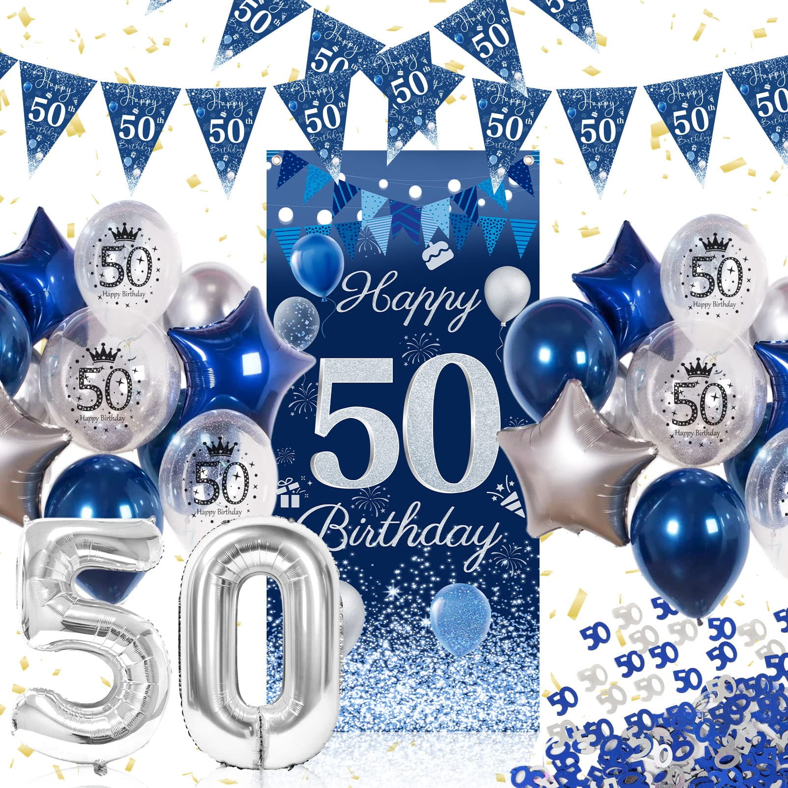 YANSION 50th Birthday Decorations, Navy Blue Silver 50th Party Balloons, Happy Birthday Backdrop ...
