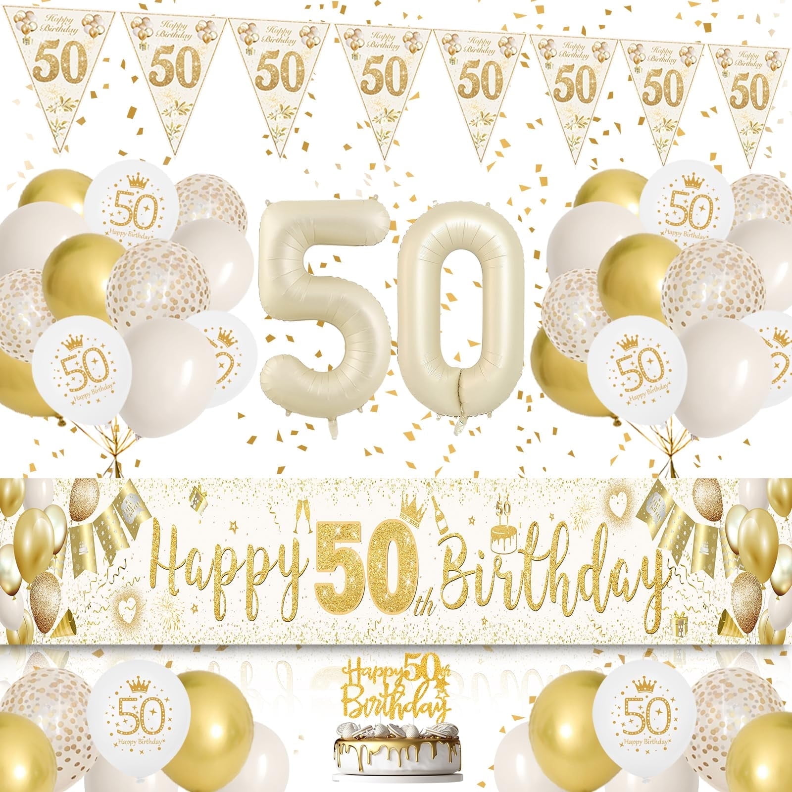 YANSION 50th Birthday Decorations, Sand White Gold 50th Happy Birthday ...