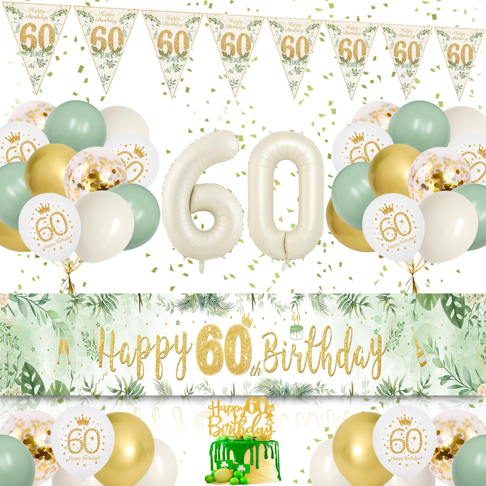 YANSION 60th Birthday Decorations for Women, Sand White Sage Green Gold ...