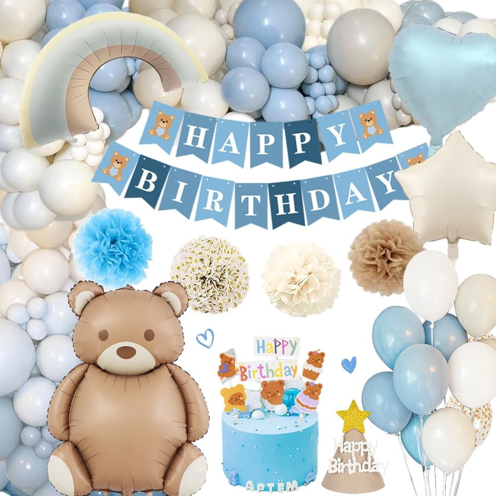 YANSION Balloon Birthday Decoration for Boy, Birthday Balloon Bear Theme with Blue Balloons ...