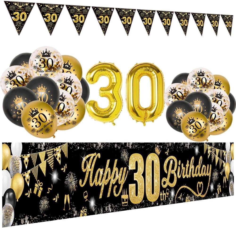 YANSION Black Gold 30th Birthday Party Decorations, Happy 30th Birthday ...