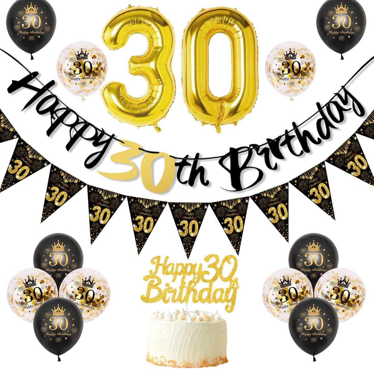 YANSION Black Gold 30th Birthday Party Decorations, Happy 30th Birthday ...