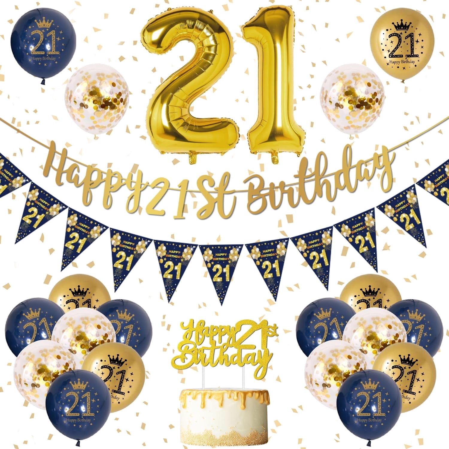 YANSION Blue Gold 21st Birthday Party Decorations, Happy 21st Birthday ...