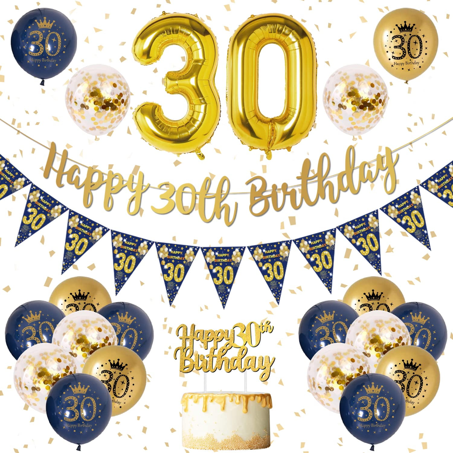 YANSION Blue Gold 30th Birthday Party Decorations, Happy 30th Birthday ...