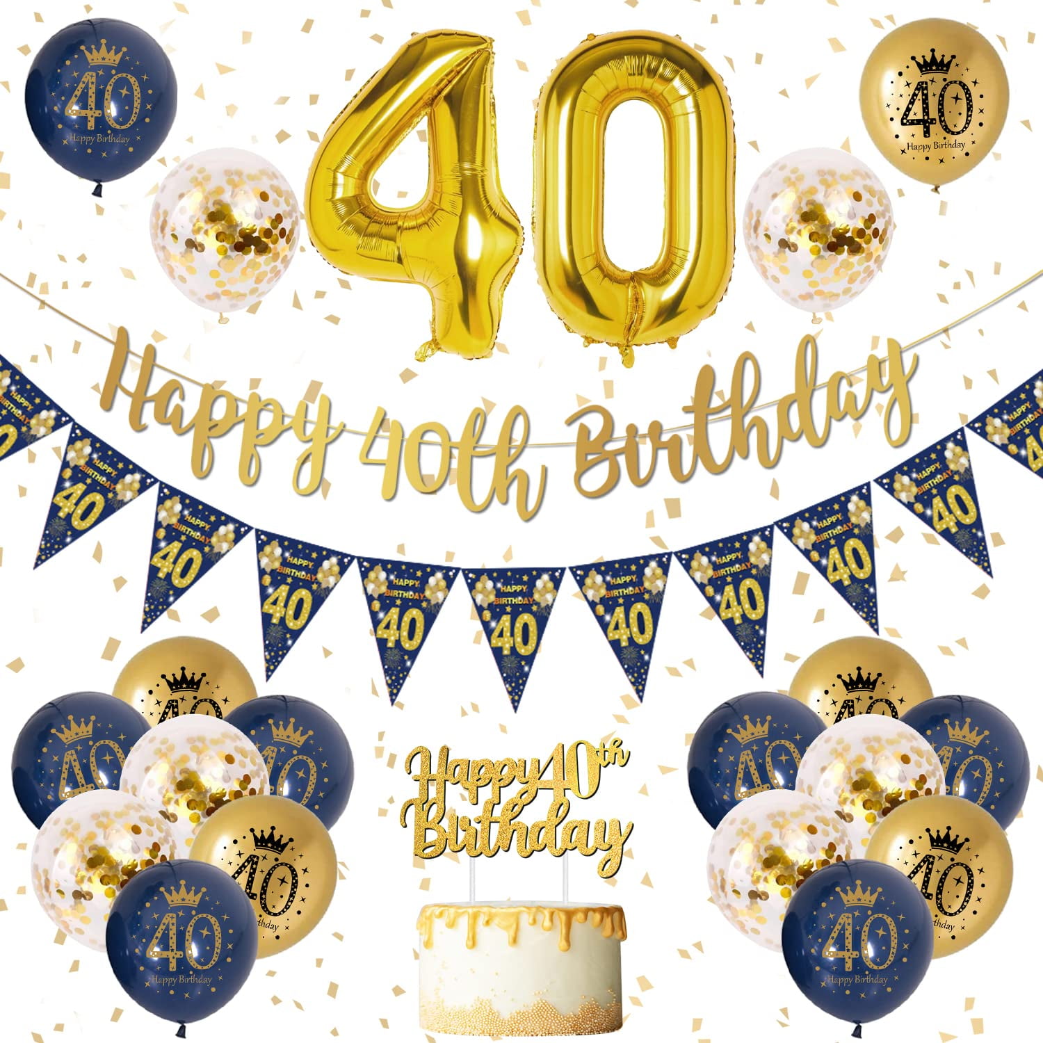 YANSION Blue Gold 40th Birthday Party Decorations, Happy 40th Birthday ...