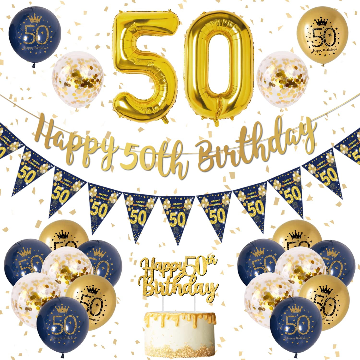 YANSION Blue Gold 50th Birthday Party Decorations, Happy 50th Birthday ...