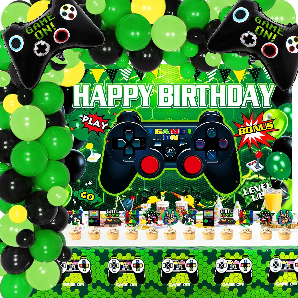 YANSION Green Video Game Party Decorations Set, Gamer Birthday ...