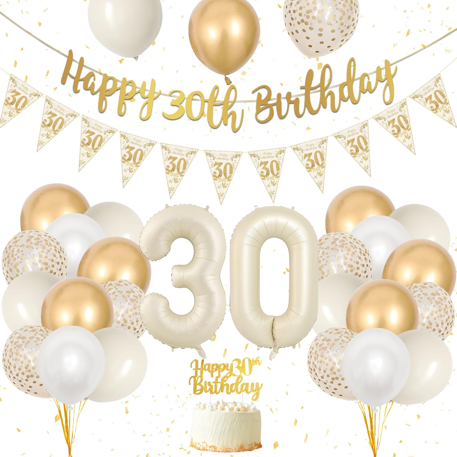 YANSION Happy 30th Birthday Decorations with Confetti Balloons, Beige ...