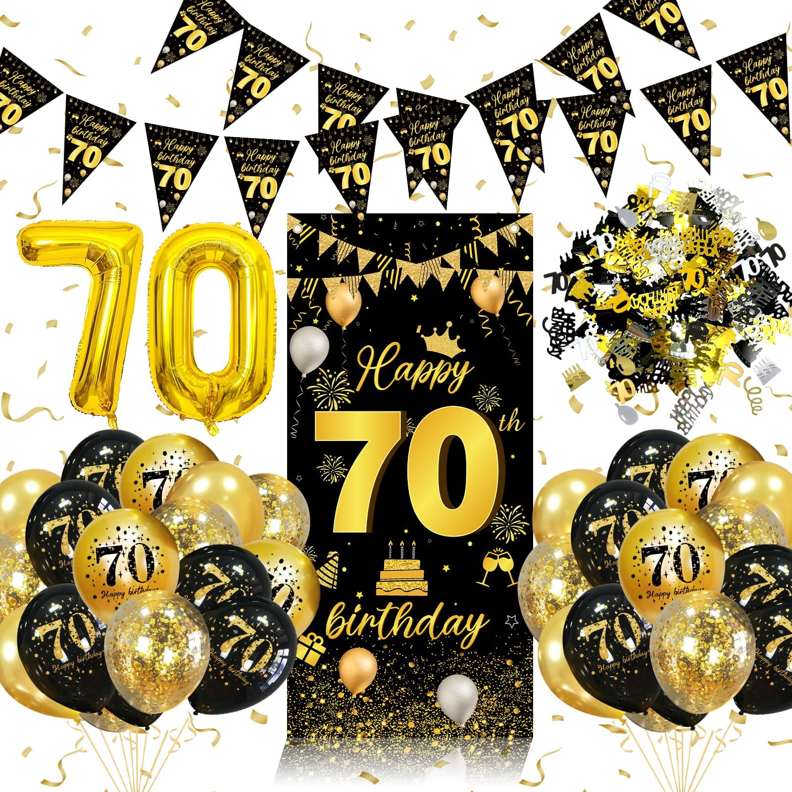 YANSION Happy 70th Birthday Decorations, Black and Gold Birthday ...