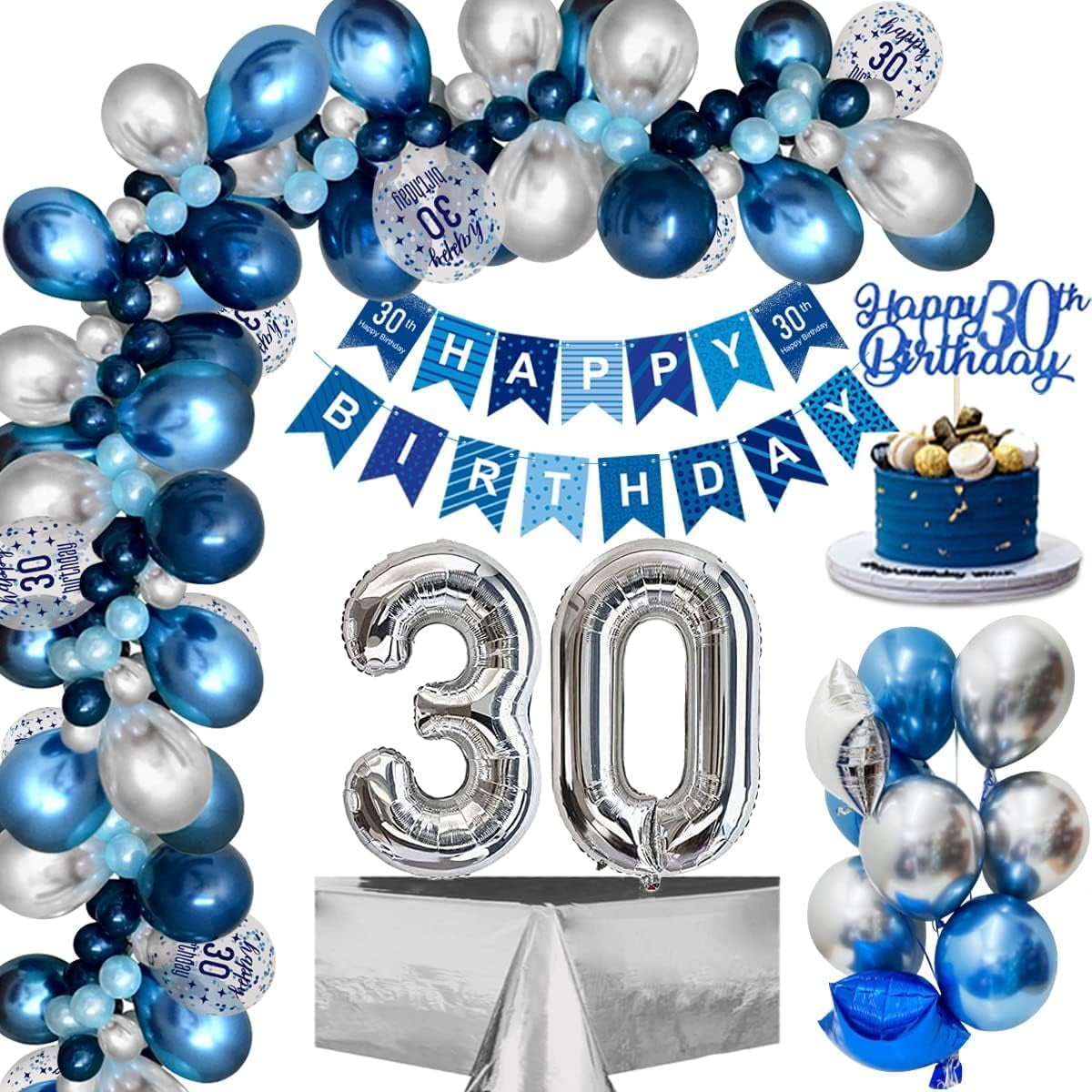 30th Birthday Decorations for Men, Navy Blue Silver Garland Kit ...