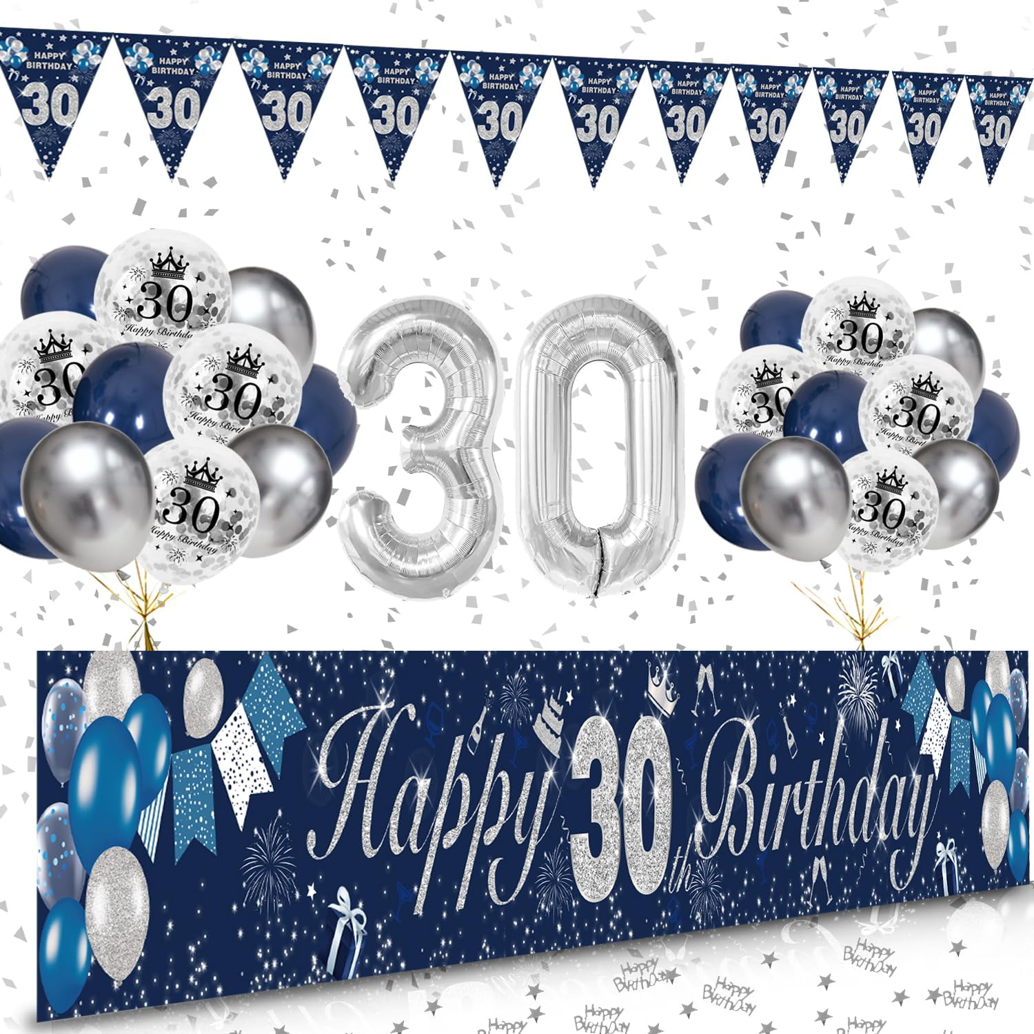 YANSION Men 30th Birthday Decorations, Navy Blue Silver Happy 30th ...