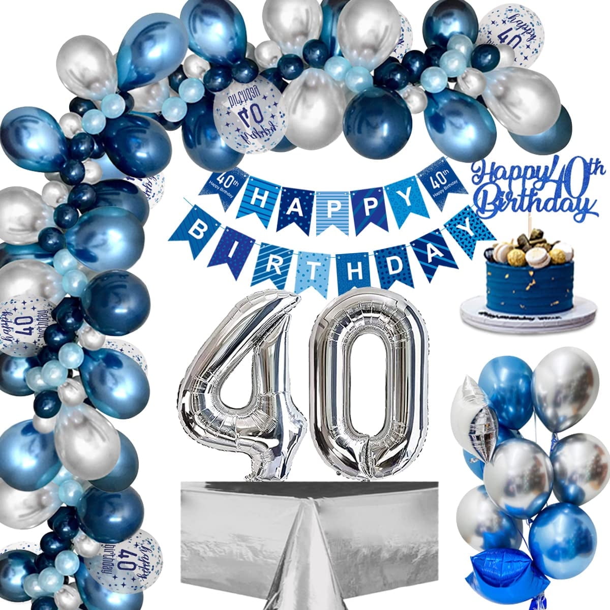 Yansion 40th Birthday Decorations, Navy Blue Silver 60-Piece Set ...