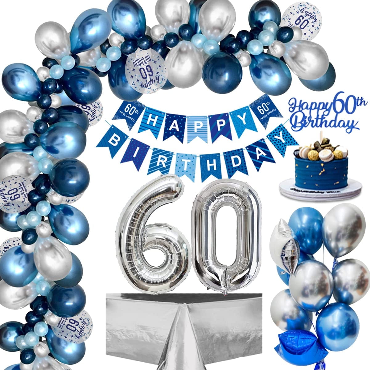 YANSION Men 60th Birthday Decorations, Navy Blue Silver 60th Birthday Decorations 60th Happy ...