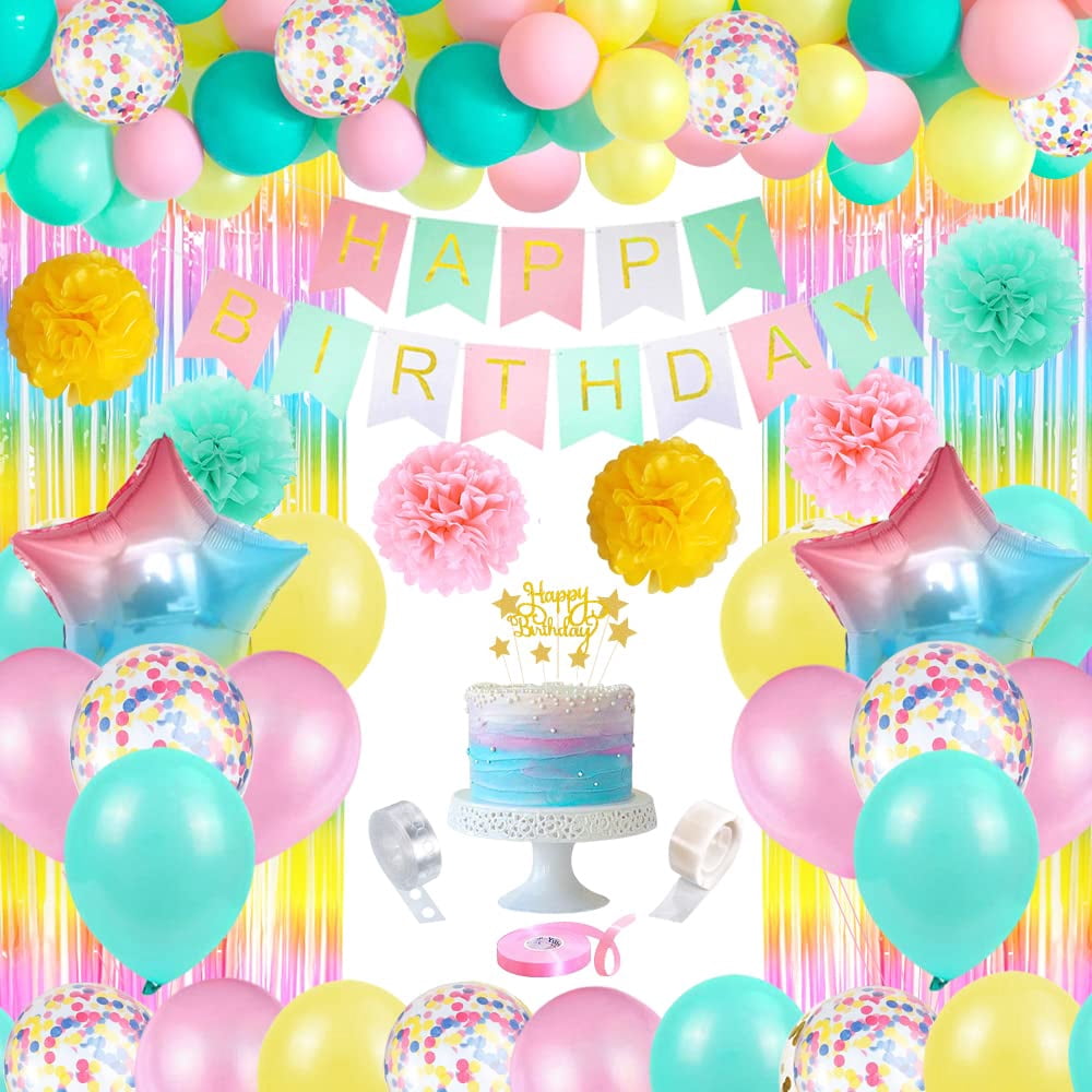 YANSION Rainbow Birthday Decorations for Girls, Pink Green Yellow ...