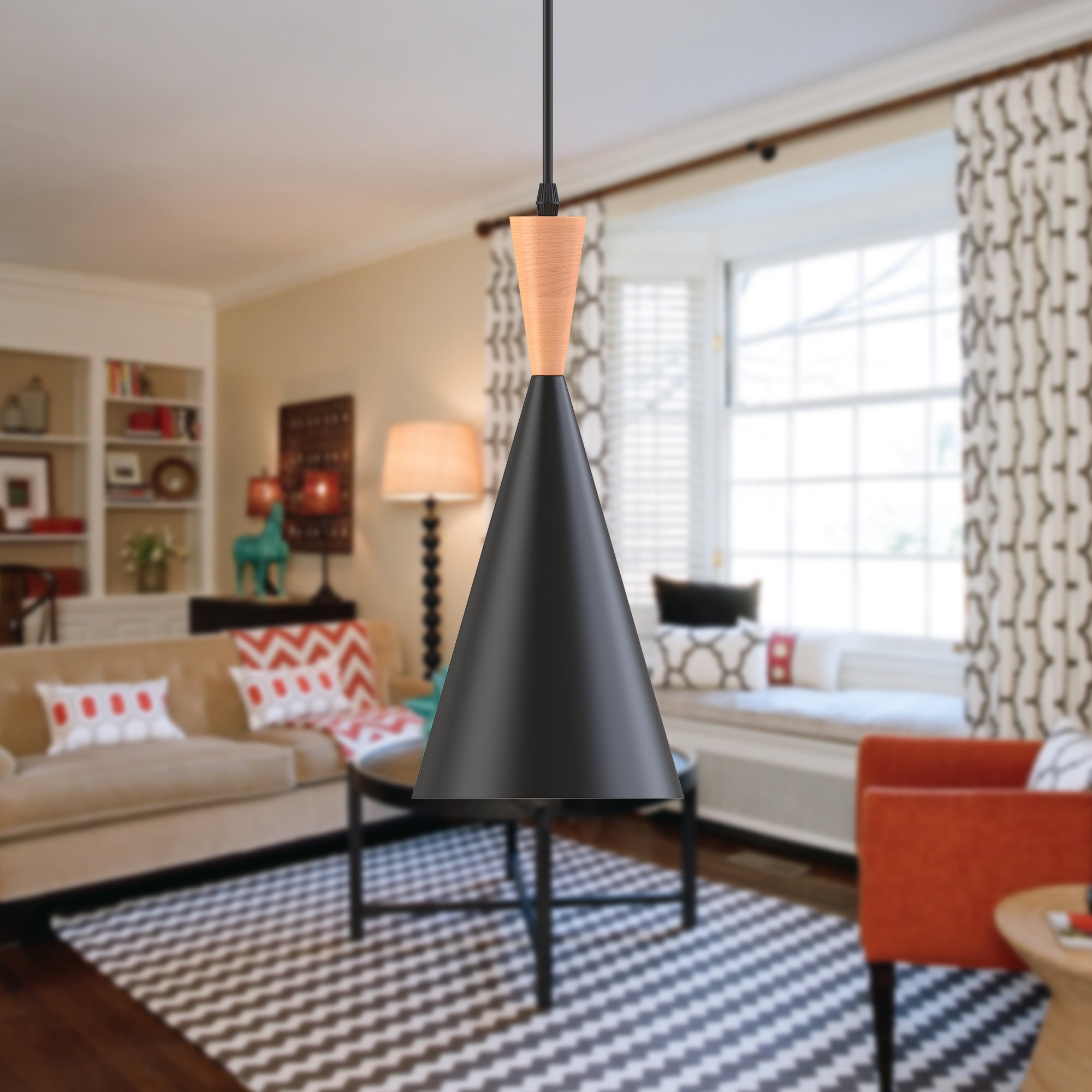 LOHASLED 1-Light Matte Black Pendant Light with Metal Shade and Wood ...