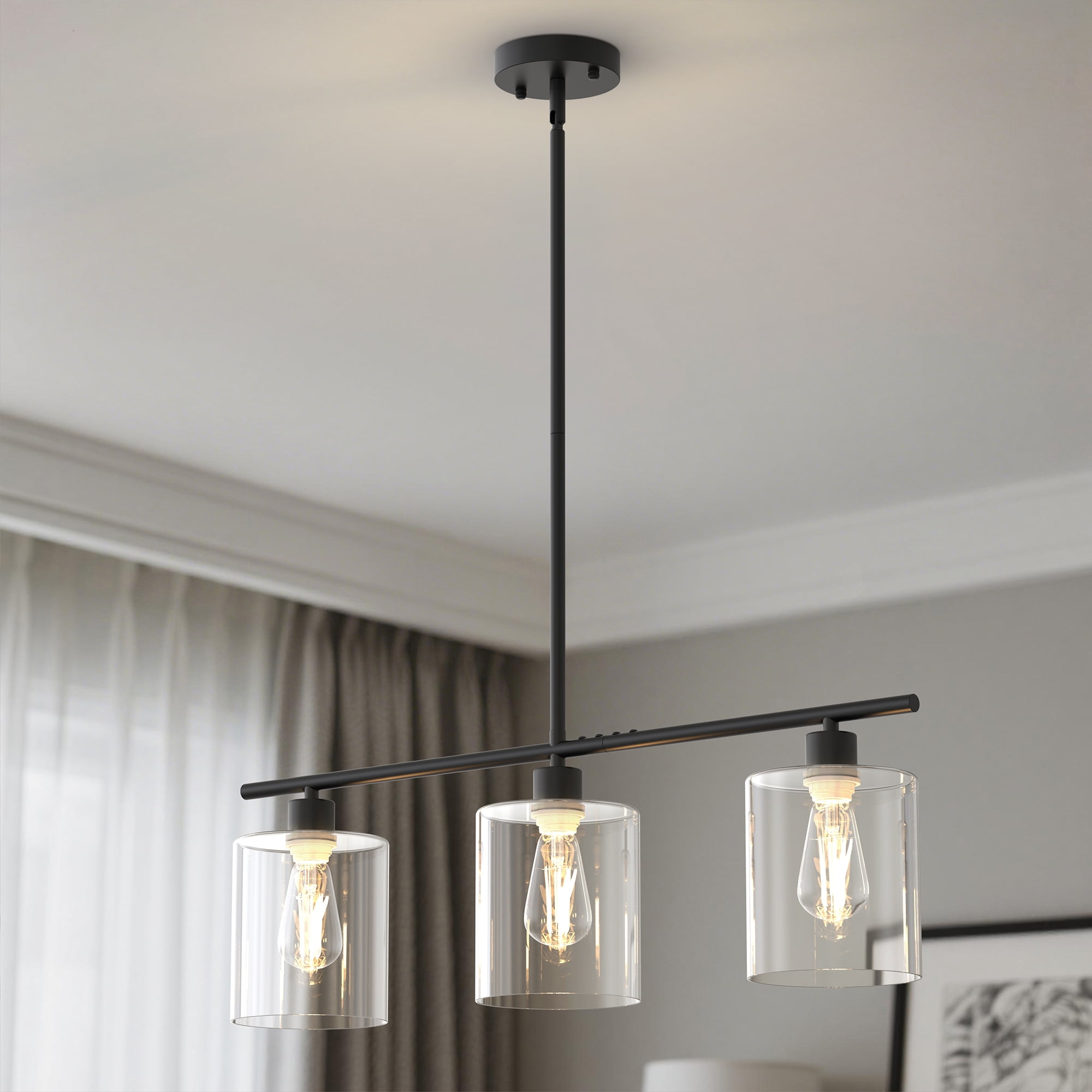 YANSUN 3-Light Clear Glass Island Light in Matte Black with E26 Sockets ...