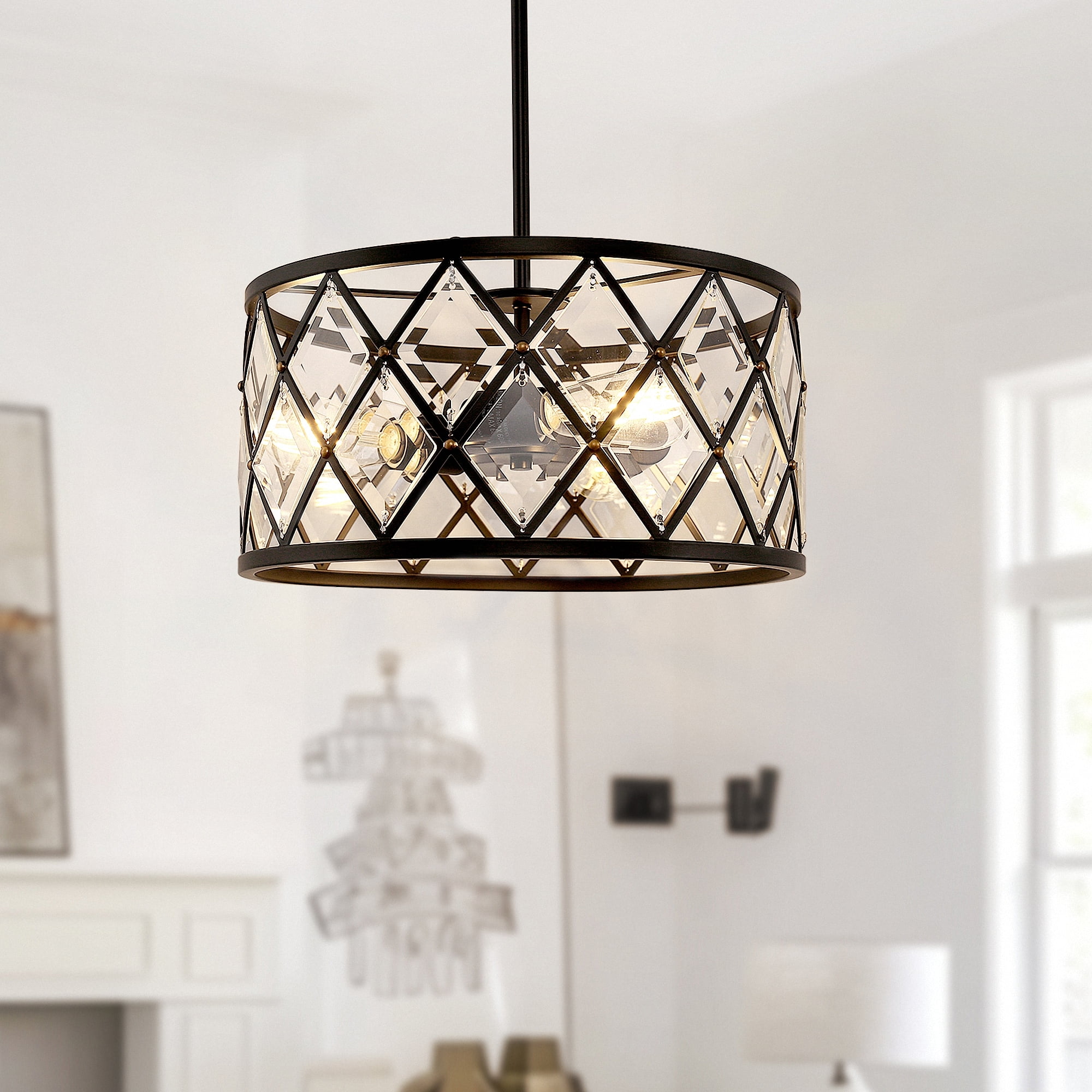 YANSUN 3-Light Crystal Grid Hoop Chandelier, Modern Hanging Ceiling ...