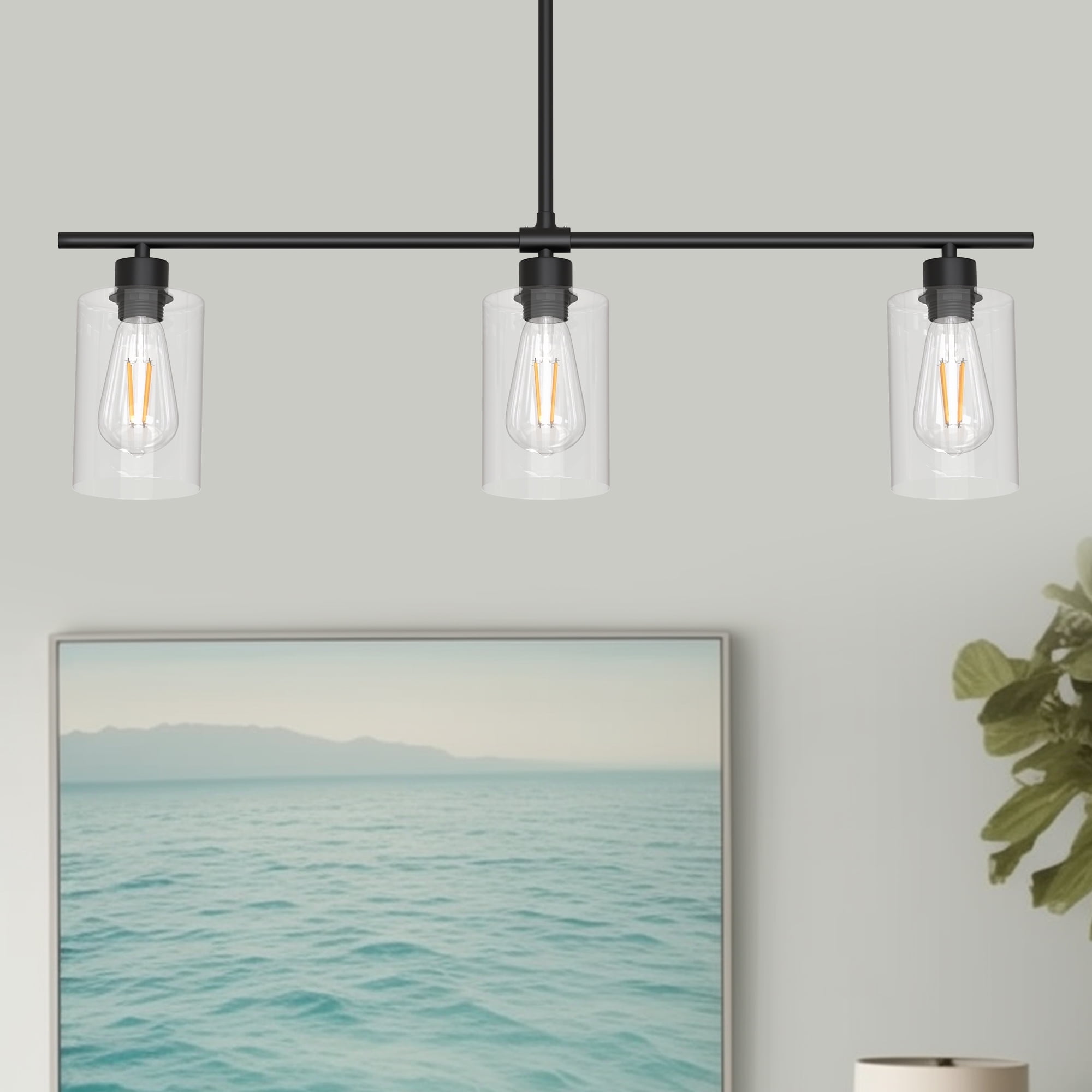 YANSUN 3-Light Linear Pendant Lights, Modern Black Fixture with Clear ...