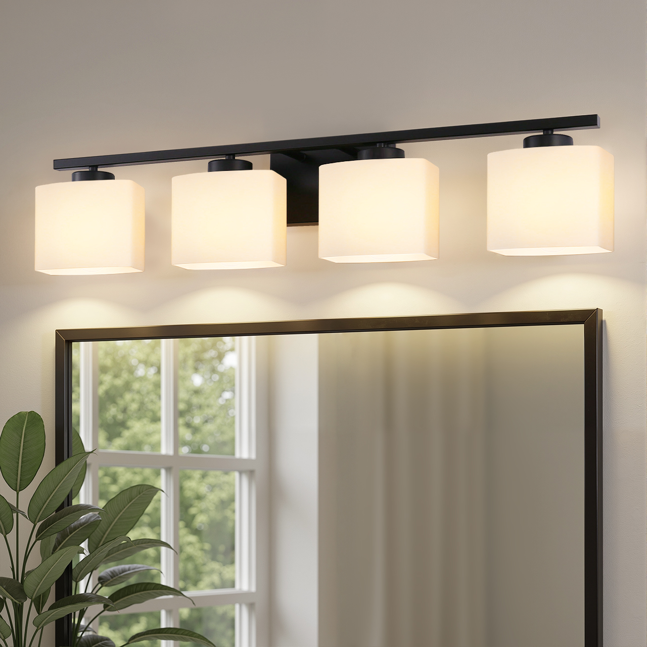 YANSUN 30.7 in 4-Light Matte Black Modern Square Vanity Light with Milk ...