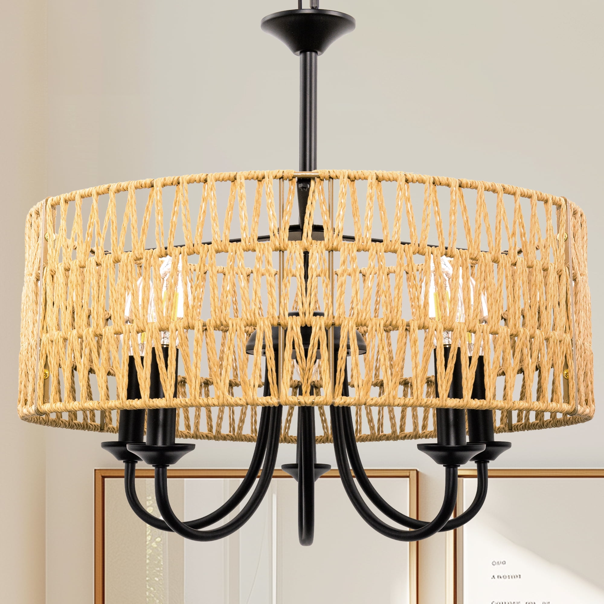 YANSUN 5-Light Modern Farmhouse Brown Round Rattan Pendant Rattan Drum ...
