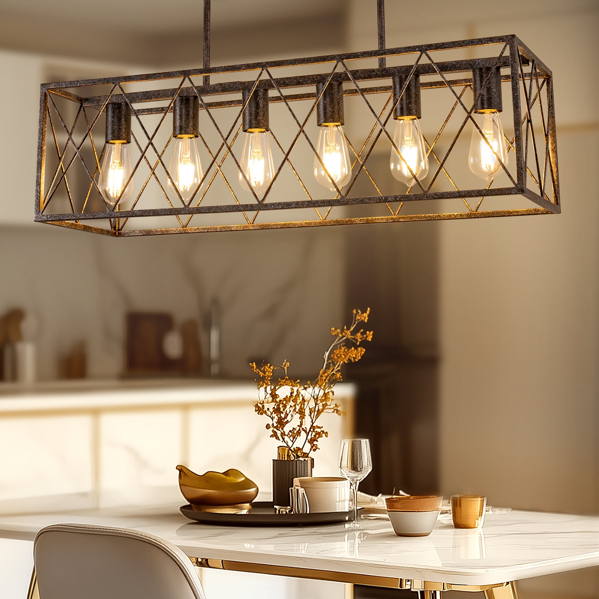 YANSUN 6-Light Farmhouse Rectangular Chandelier, Rustic Kitchen Island ...