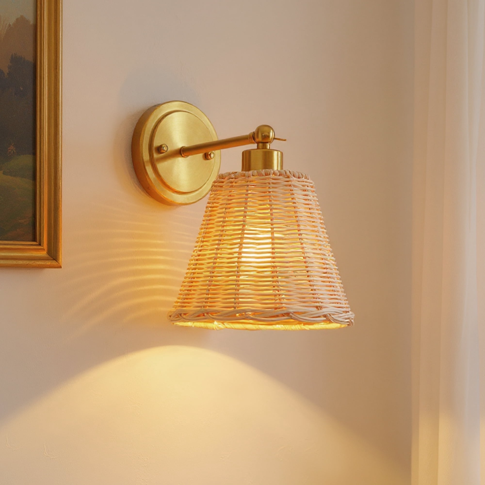 YANSUN 7.8 in 1-Light Brass Boho Rattan Wall Sconce with Swing Arm ...
