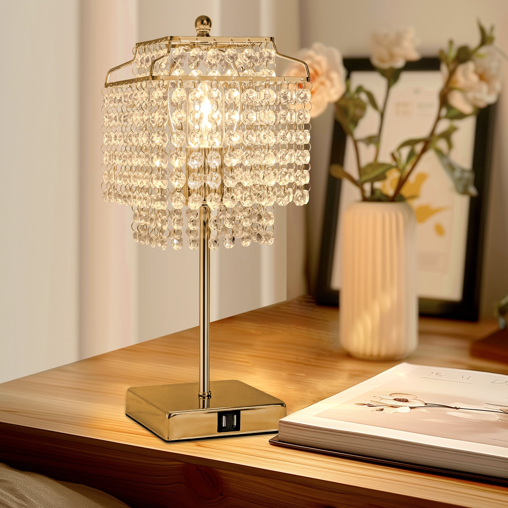 YANSUN Crystal Table Lamp with Dual USB Charging Ports, 3-Way Dimmable ...