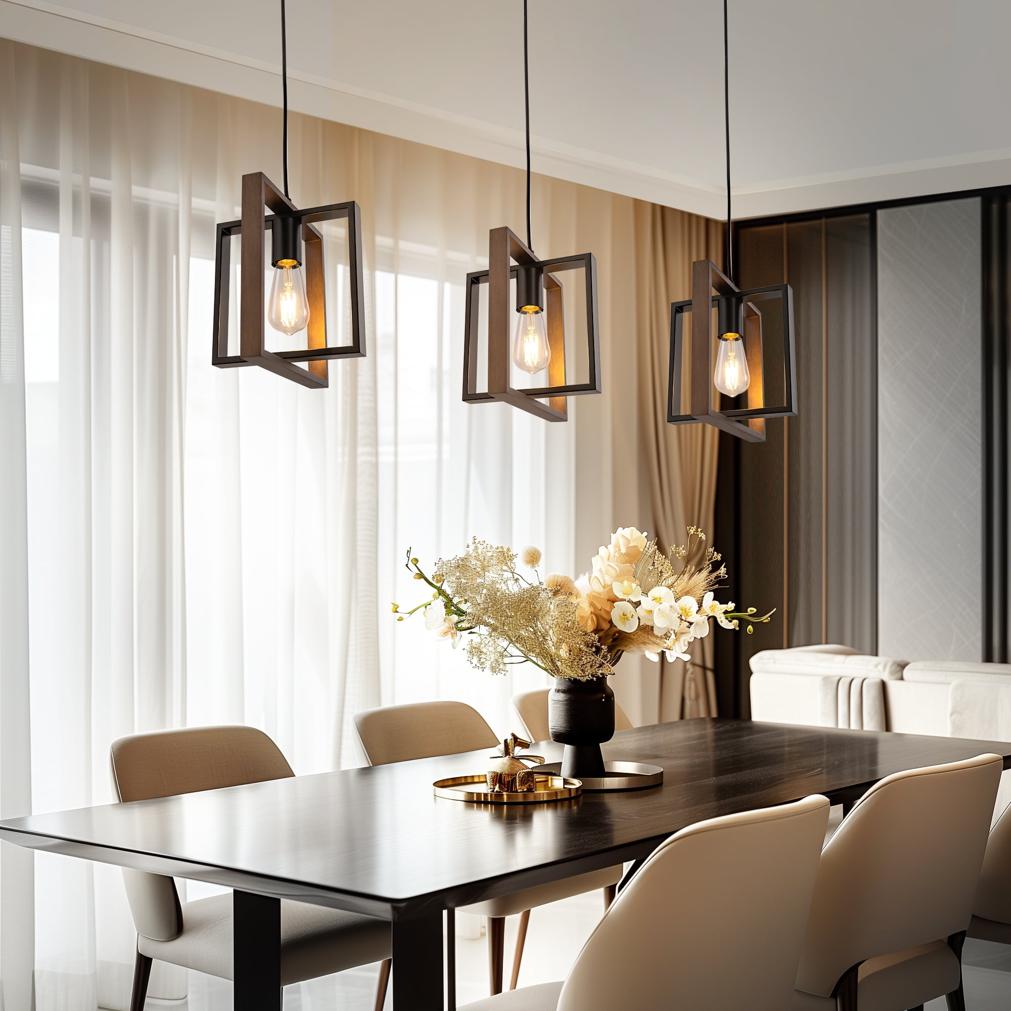 YANSUN Rustic Kitchen Island Lighting Fixture, Black Metal and Wood ...