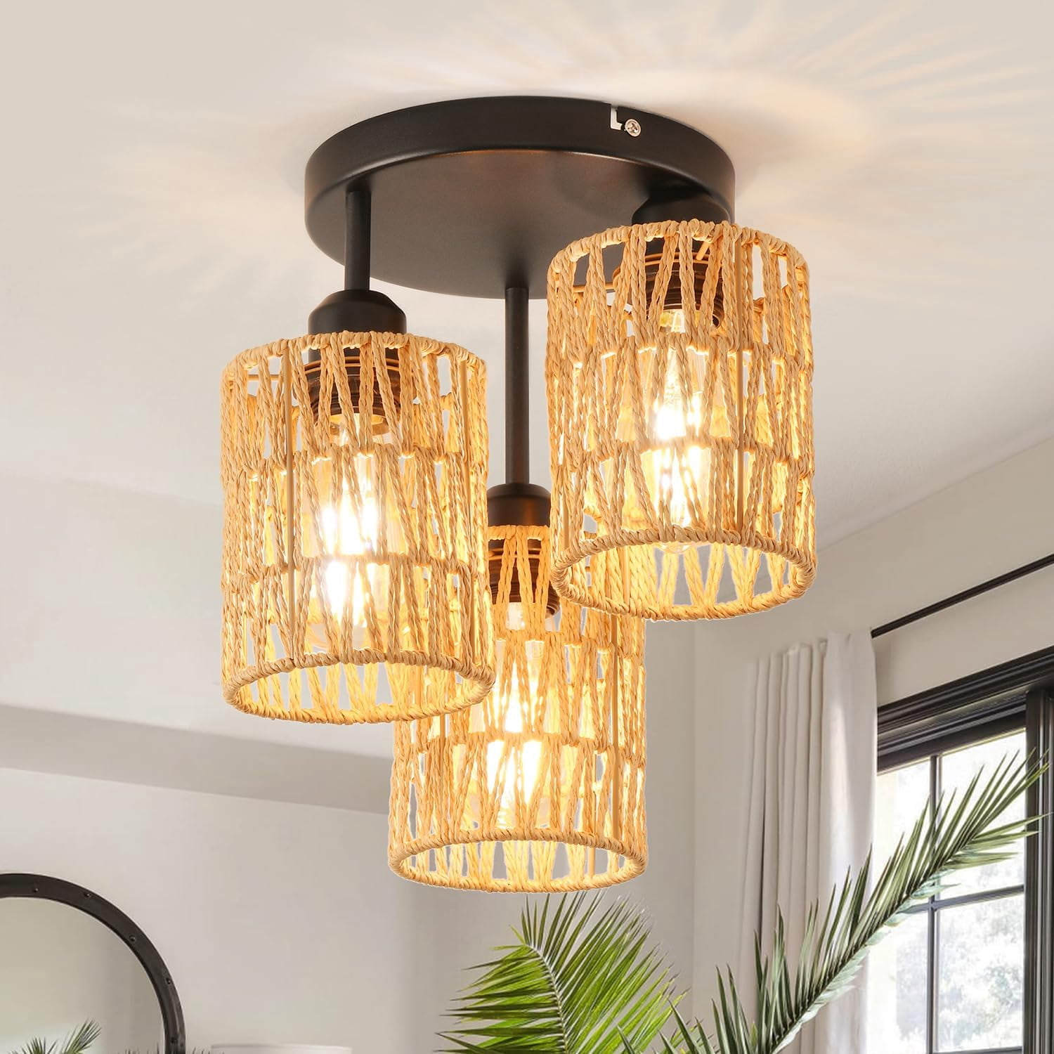 YANTONG 3-Light Boho Light Fixtures Ceiling Mount, Farmhouse Ratten ...