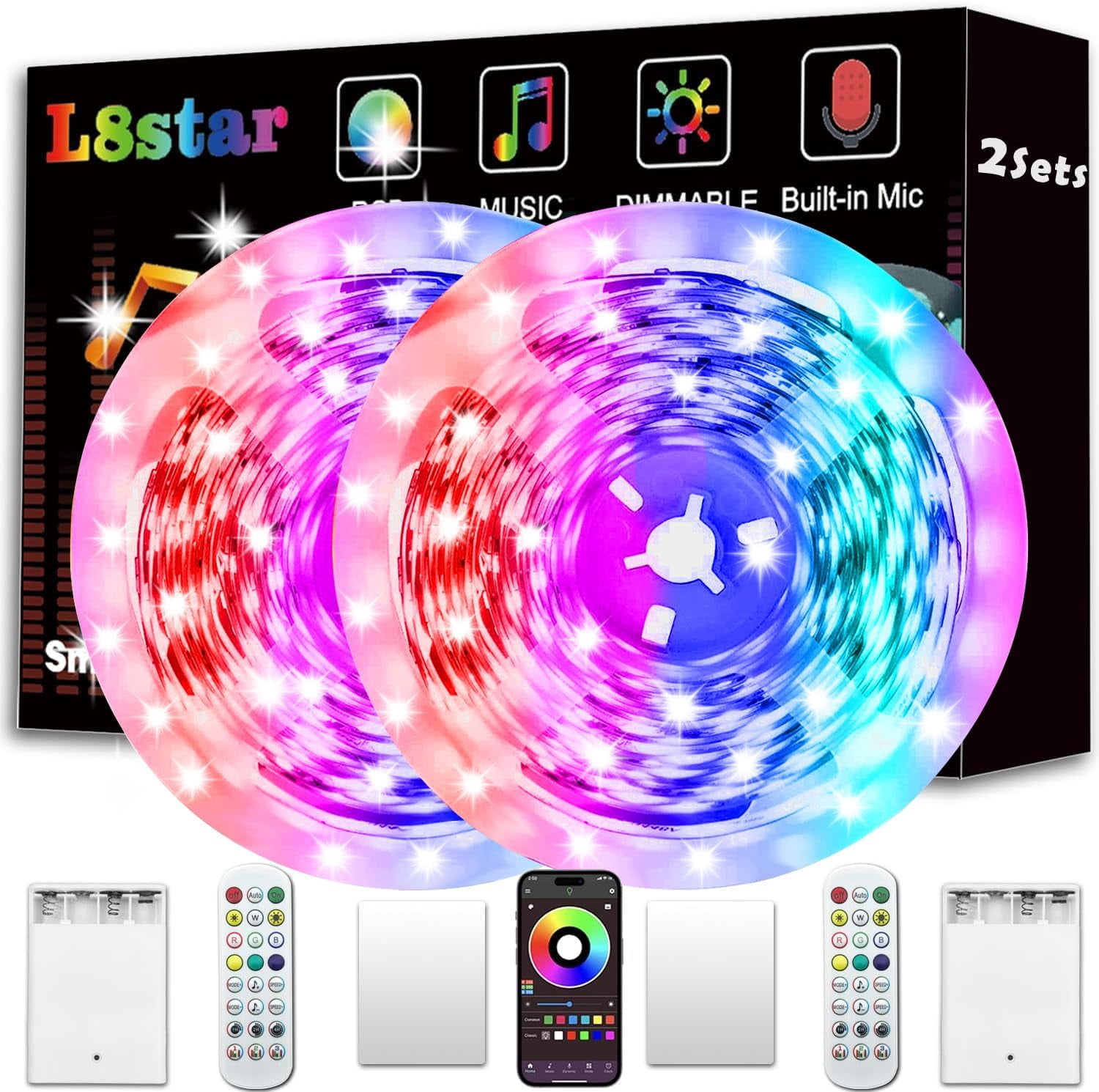 YANTONG Battery Powered Led Strip Lights, 2x16.4Ft (32.8Ft),Two Sets of ...